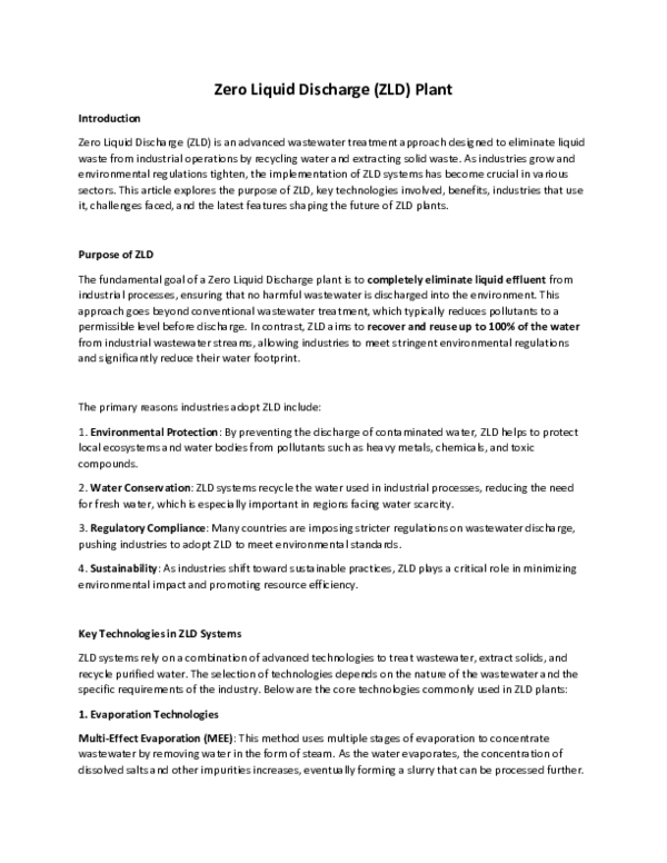 (PDF) Zero Liquid Discharge (ZLD) Plant