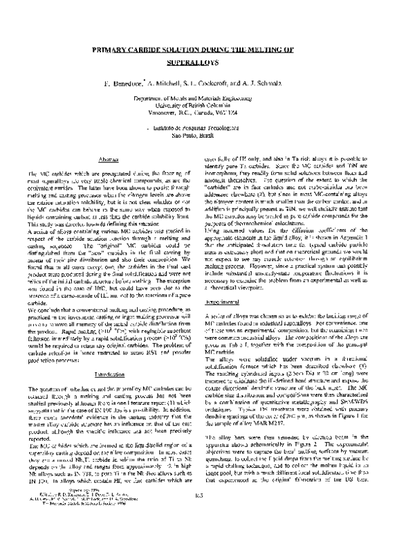(PDF) Primary Carbide Solution During the Melting of Superalloys