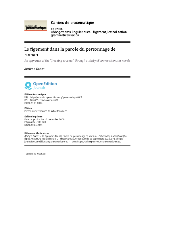 (PDF) Le figement dans la parole du personnage de roman | Jérôme Cabot ...