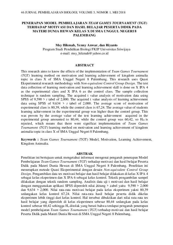 (PDF) Penerapan Model Pembelajaran Team Games Tournament (TGT) Terhadap Motivasi Dan Hasil ...