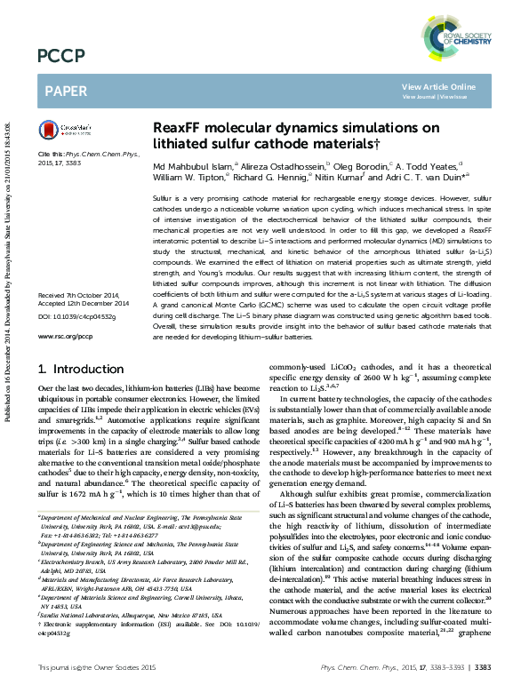(PDF) ReaxFF molecular dynamics simulations on lithiated sulfur cathode materials | mahbubul ...