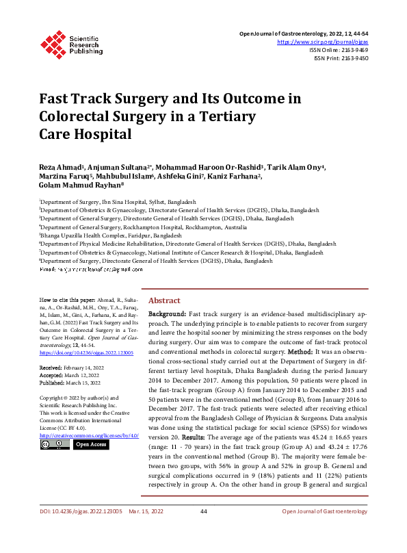 (PDF) Fast Track Surgery and Its Outcome in Colorectal Surgery in a Tertiary Care Hospital