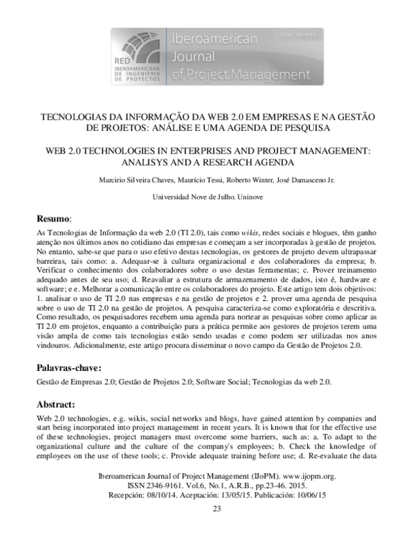(PDF) Web 2.0 Technologies in Enterprises and Project Management ...