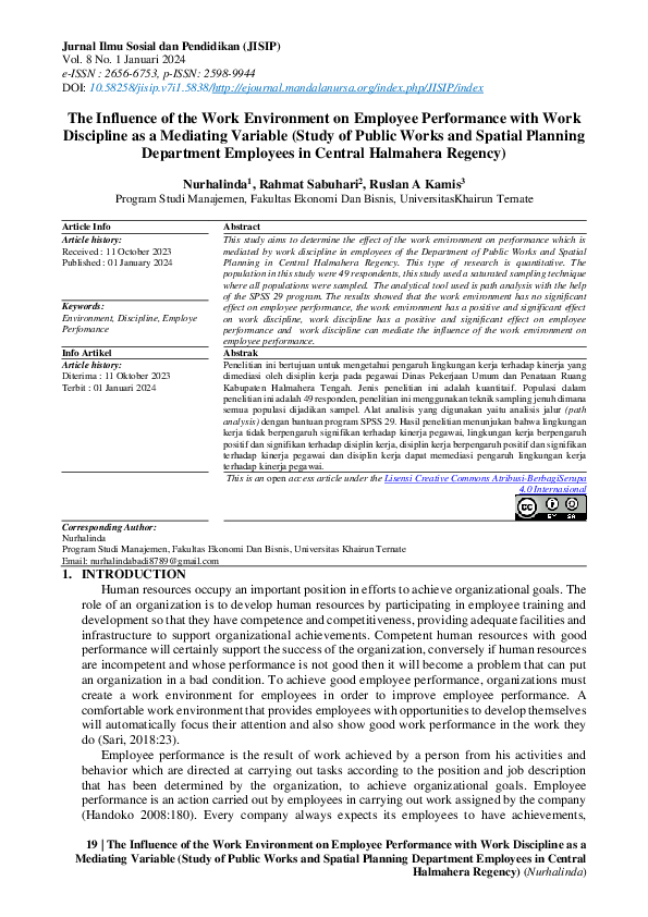 (PDF) The Influence of the Work Environment on Employee Performance ...
