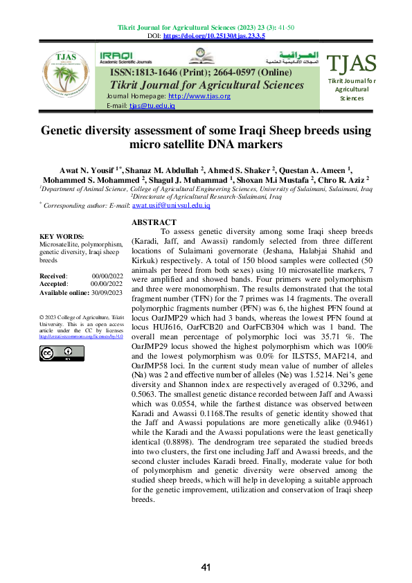(PDF) Genetic Diversity in Iraqi Sheep Breeds via Microsatellite Markers