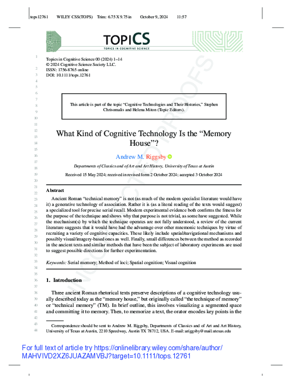 (PDF) What Kind of Cognitive Technology Is the "Memory House"?