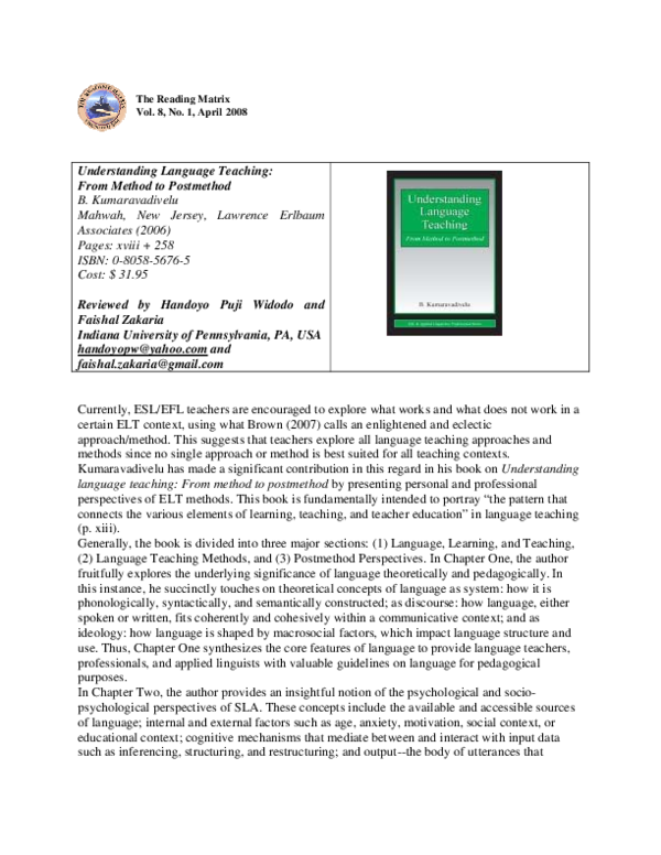 (PDF) Understanding Language Teaching: From Method to Postmethod by KUMARAVADIVELU, B
