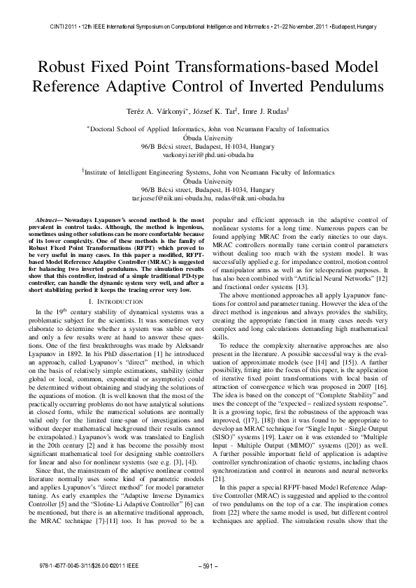 Pdf Robust Fixed Point Transformations Based Model Reference Adaptive Control Of Inverted
