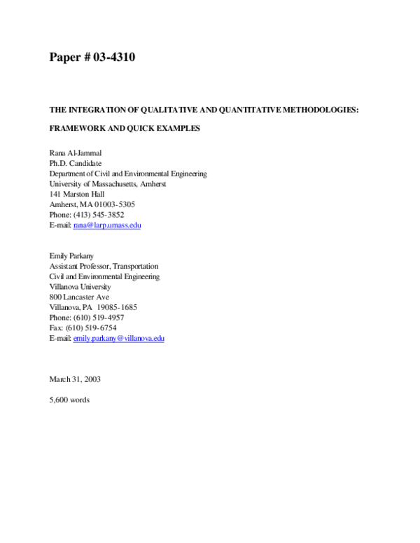 (PDF) Integration of Qualitative and Quantitative Methodologies Framework and Quick Examples