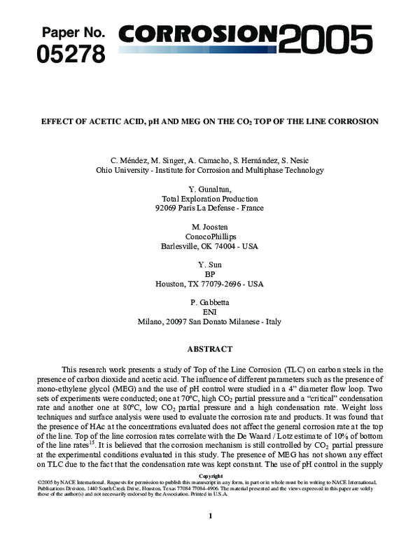 (PDF) Effect of Acetic Acid, PH and MEG on the CO2 Top of the Line ...
