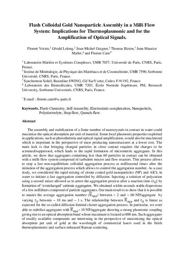 (PDF) Flash Colloidal Gold Nanoparticle Assembly in a Milli Flow System ...