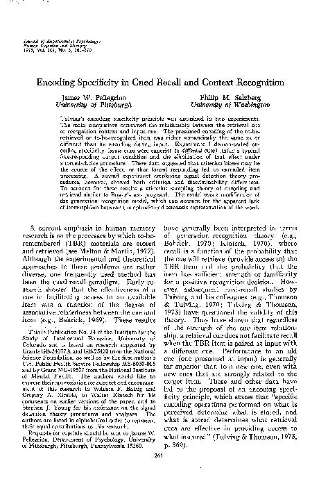 (PDF) Encoding specificity in cued recall and context recognition ...