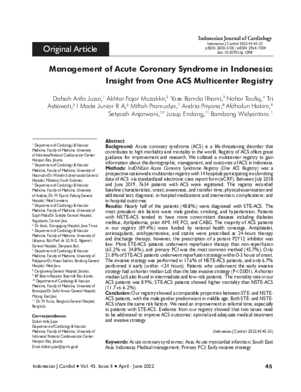 (PDF) Management of Acute Coronary Syndrome Indonesia : Insight from ...