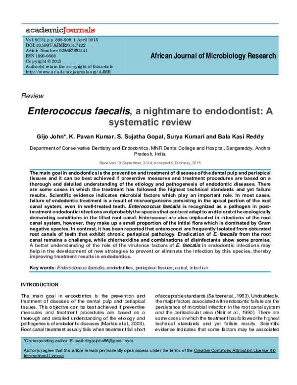 (PDF) Enterococcus faecalis, a nightmare to endodontist: A systematic review