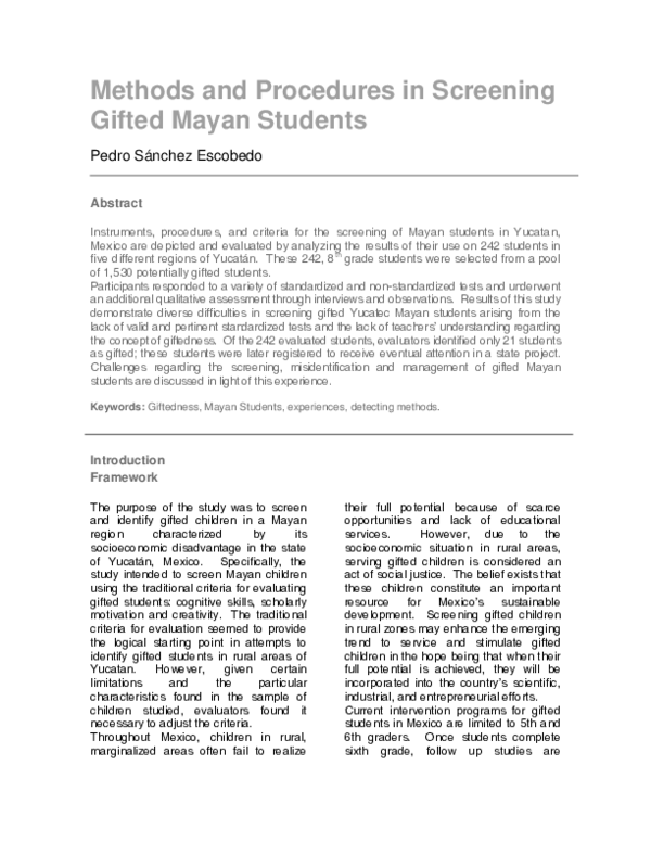 (PDF) Methods and Procedures in Screening Gifted Mayan Students