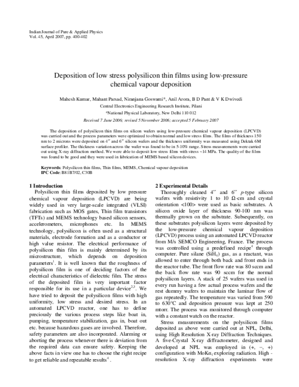 (PDF) Deposition of low stress polysilicon thin films using low-pressure chemical vapour deposition