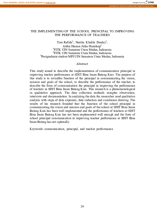 (PDF) The Implementing of the School Principal to Improving the Performance of Teachers