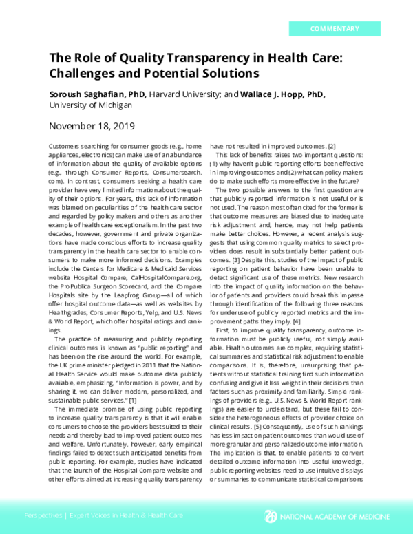 (PDF) The Role of Quality Transparency in Health Care: Challenges and ...