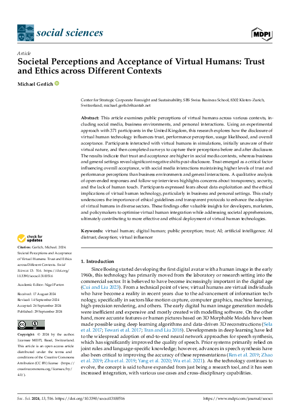 (PDF) Societal Perceptions and Acceptance of Virtual Humans: Trust and Ethics across Different ...