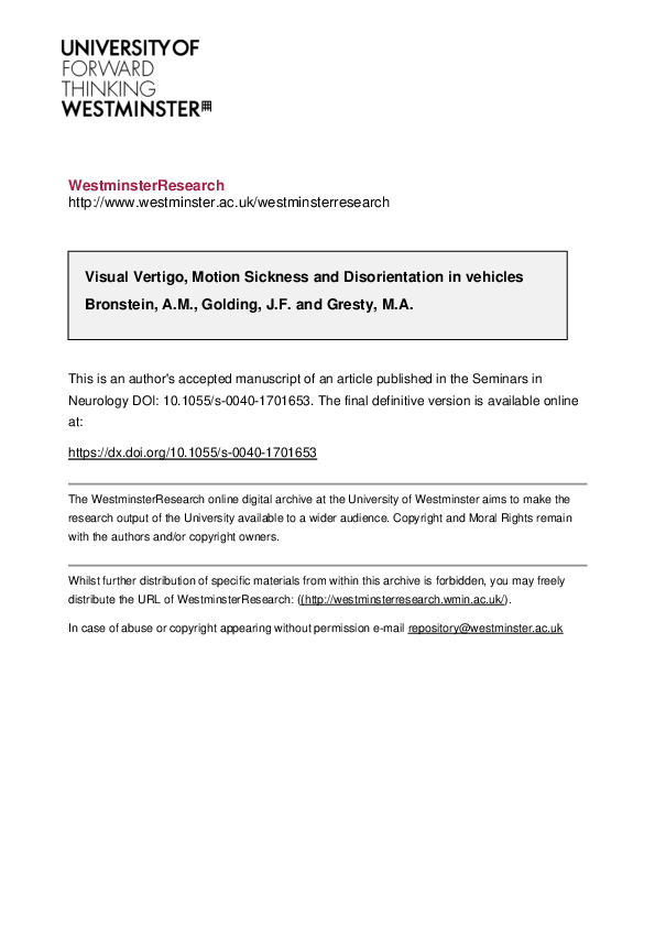 (PDF) Visual Vertigo, Motion Sickness, and Disorientation in Vehicles