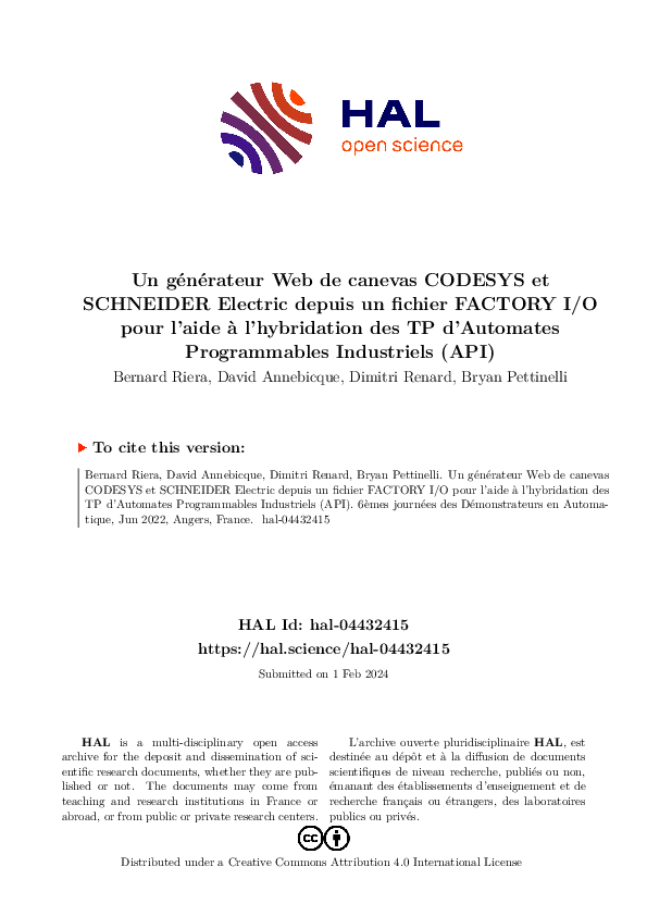 (PDF) A Web generator of CODESYS and SCHNEIDER Electric canvas from a FACTORY I/O file to help ...