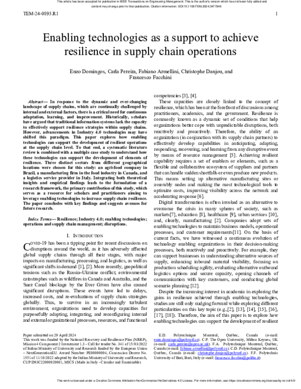 (PDF) Enabling technologies as a support to achieve resilience in supply chain operations