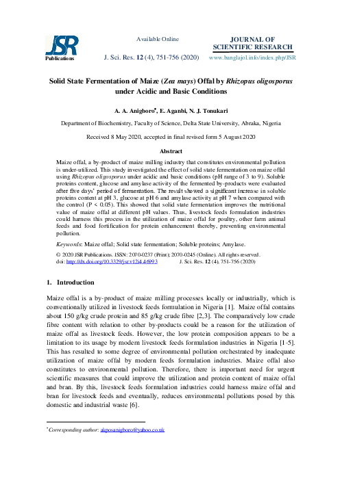 (PDF) Solid State Fermentation of Maize (Zea mays) Offal by Rhizopus oligosporus under Acidic ...