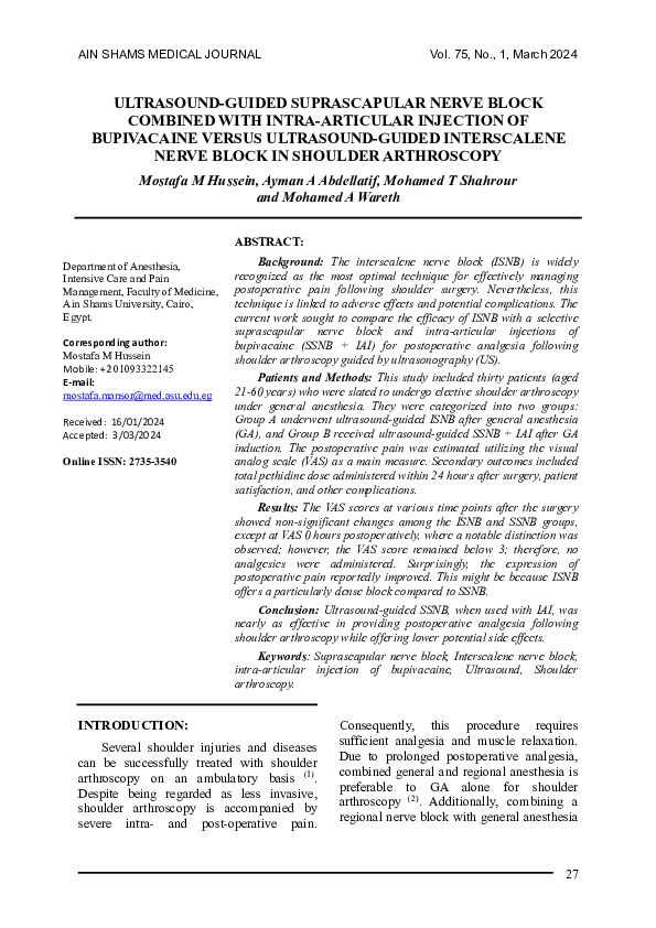 Pdf “ultrasound Guided Suprascapular Nerve Block Combined With Intra Articular Injection Of