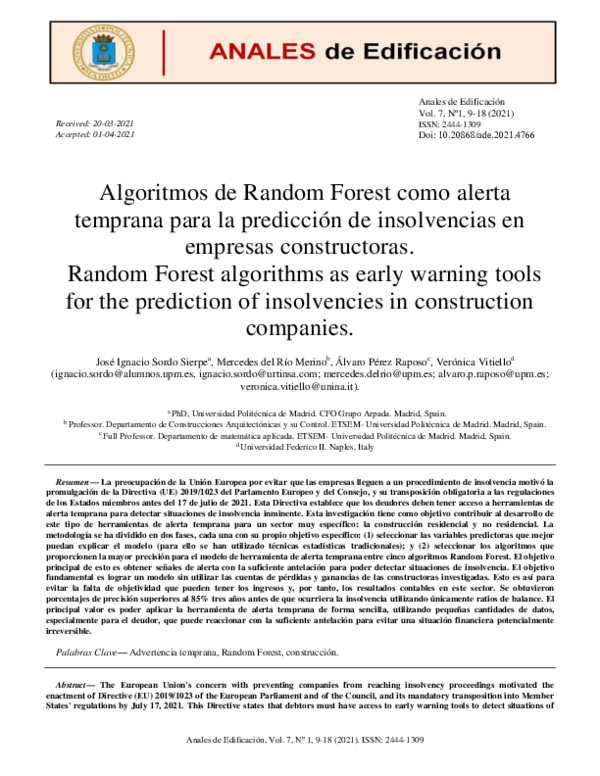 (PDF) Algoritmos de Random Forest como alerta temprana para la predicción de insolvencias en ...