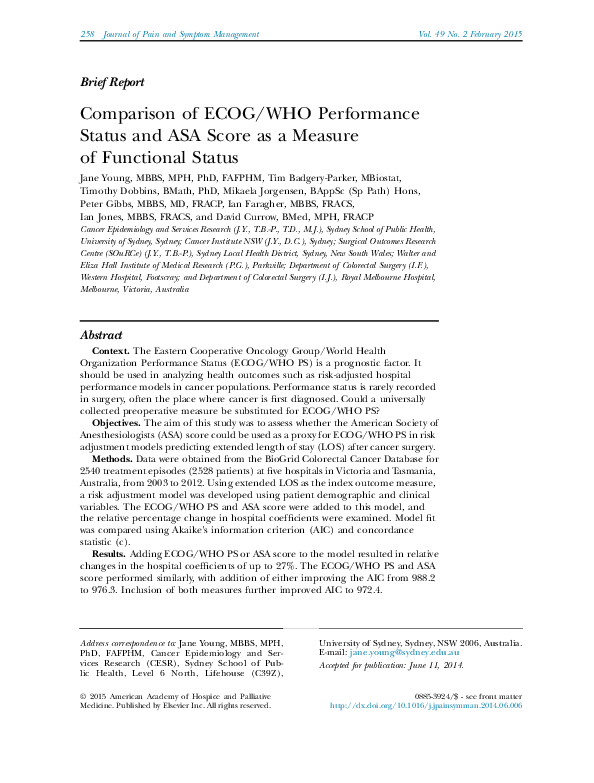 (PDF) Comparison of ECOG/WHO Performance Status and ASA Score as a ...
