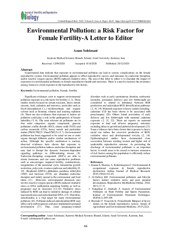 (PDF) Environmental Pollution: a Risk Factor for Female Fertility-A ...