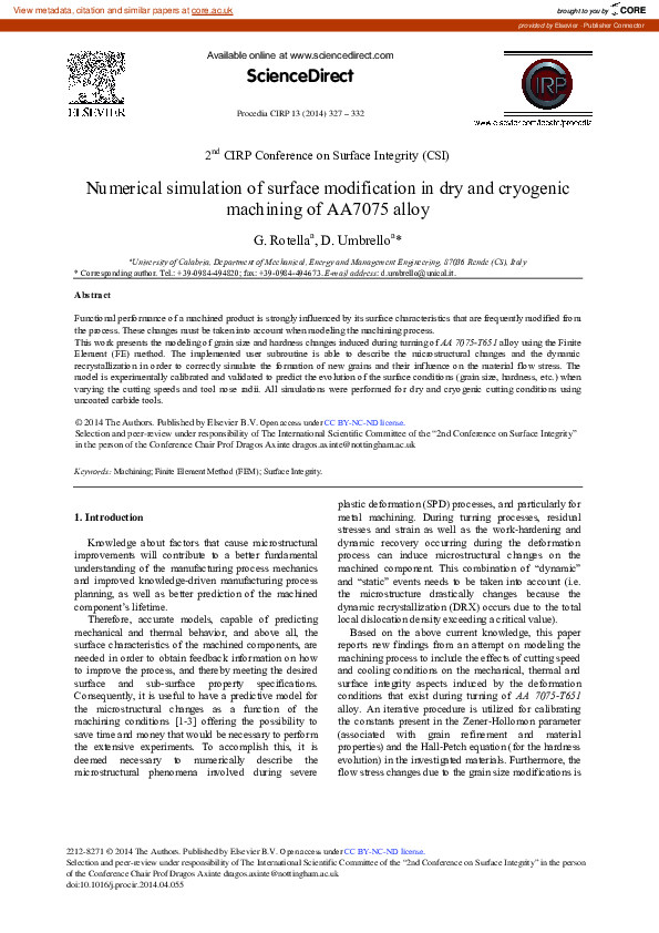 Pdf Numerical Simulation Of Surface Modification In Dry And Cryogenic Machining Of Aa7075 Alloy