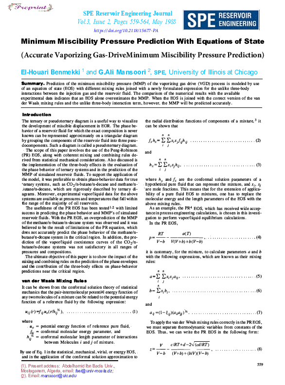 (PDF) Minimum Miscibility Pressure Prediction With Equations of State