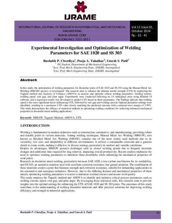 (PDF) Experimental Investigation and Optimization of Welding Parameters for SAE 1020 and SS 303