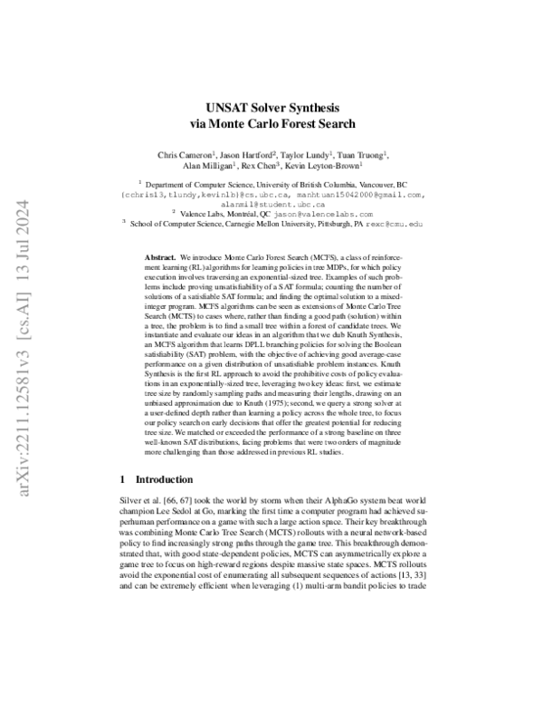 (PDF) Monte Carlo Forest Search: UNSAT Solver Synthesis via Reinforcement learning