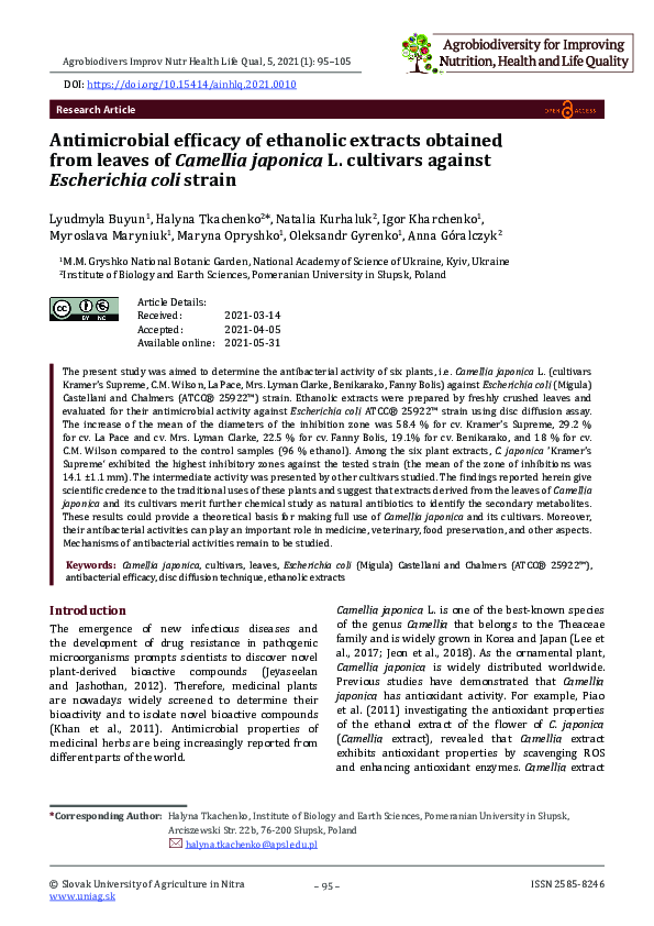 (PDF) Antimicrobial Efficacy of Ethanolic Extracts Obtained from Leaves of Camellia japonica L ...