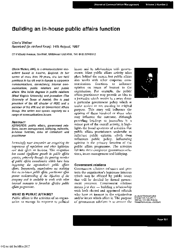 (PDF) Building an in‐house public affairs function