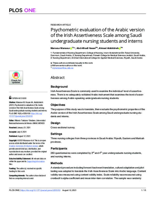 (PDF) Psychometric evaluation of the Arabic version of the Irish Assertiveness Scale among Saudi ...