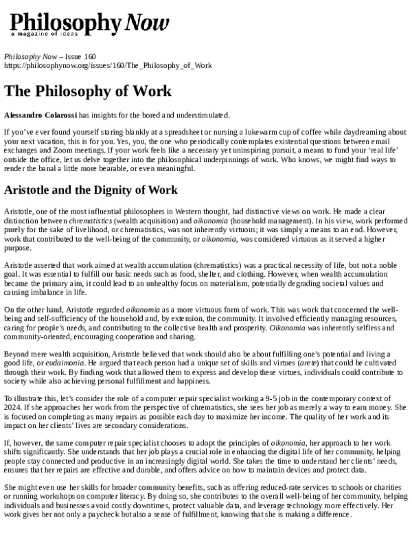 (PDF) The Philosophy of Work - Philosophy Now: Issue 160