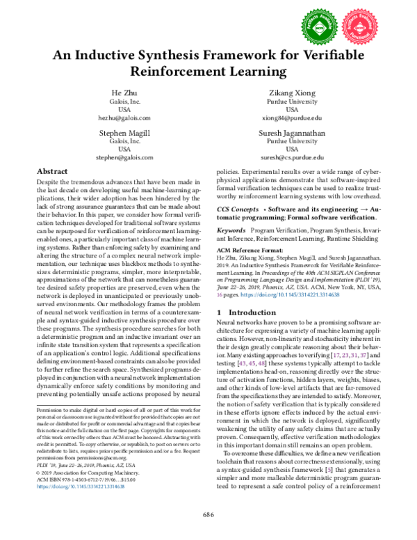 (PDF) An inductive synthesis framework for verifiable reinforcement learning