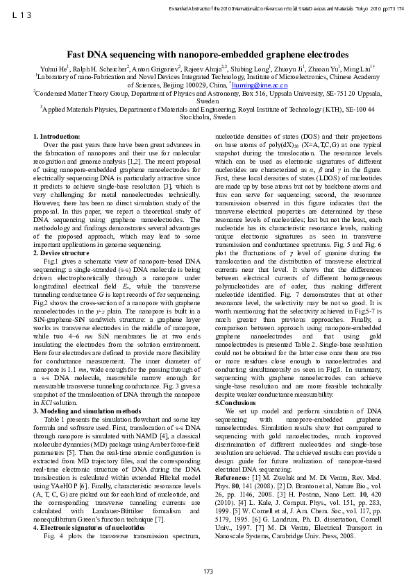 (PDF) Fast DNA sequencing with nanopore-embedded graphene electrodes