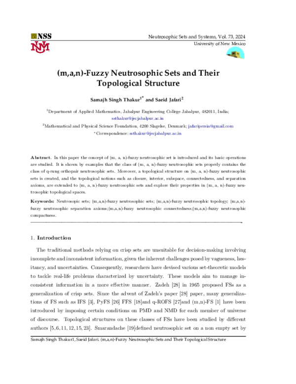 (PDF) (m,a,n)-Fuzzy Neutrosophic Sets and Their Topological Structure