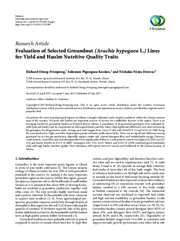(PDF) Evaluation of Selected Groundnut (Arachis hypogaea L.) Lines for Yield and Haulm Nutritive ...
