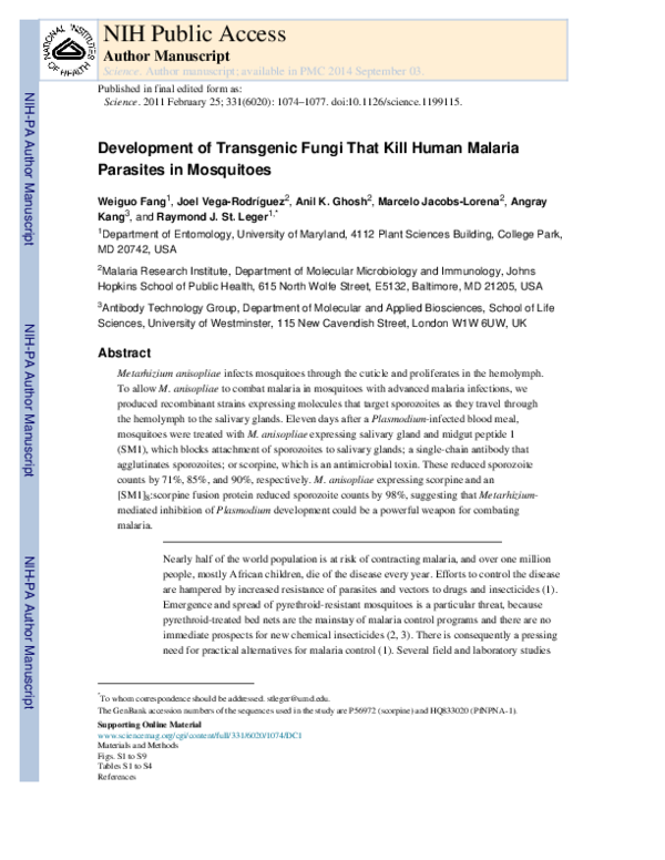 (PDF) Development of Transgenic Fungi That Kill Human Malaria Parasites ...