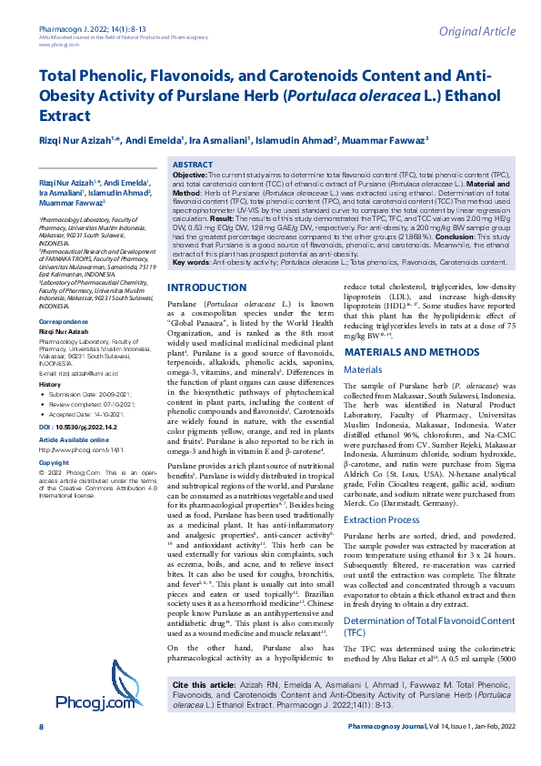 (PDF) Total Phenolic, Flavonoids, and Carotenoids Content and Anti- Obesity Activity of Purslane ...