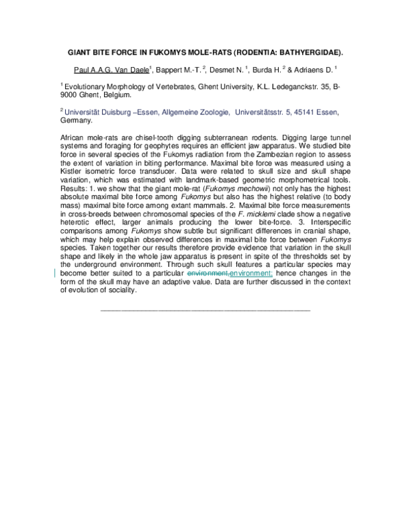 (PDF) Giant bite force in Fukomys mole-rats (Rodentia: Bathyergidae)