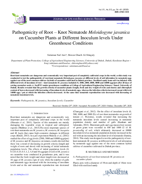 (PDF) Pathogenicity of Root – Knot Nematode Meloidogyne javanica on ...
