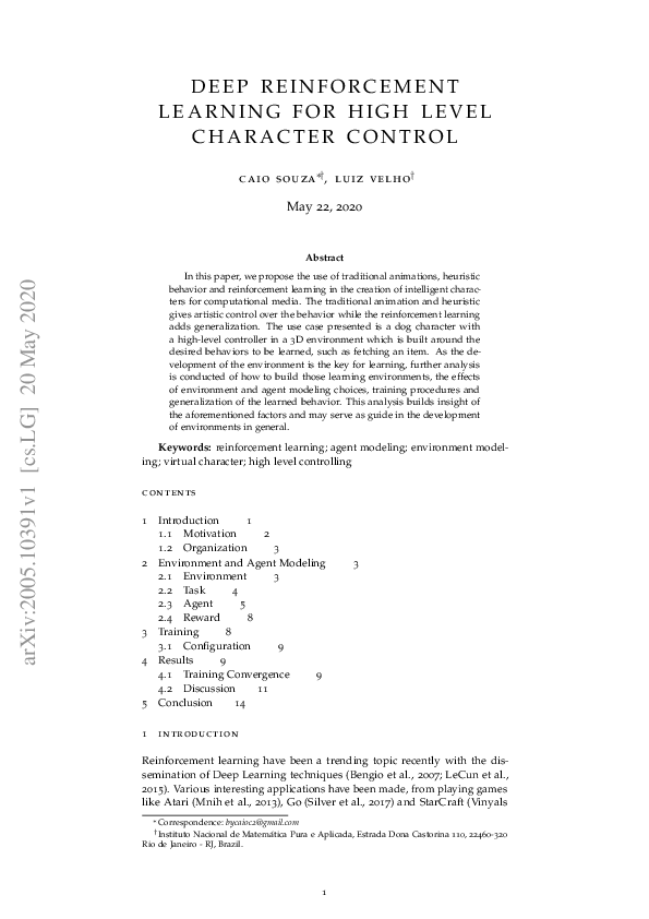 (PDF) Deep Reinforcement Learning for High Level Character Control