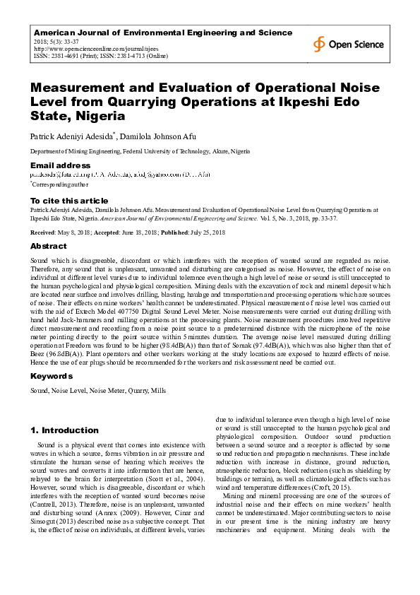 Measurement and Evaluation of Operational Noise Level from Quarrying ...