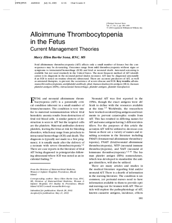 (PDF) Alloimmune Thrombocytopenia in the Fetus